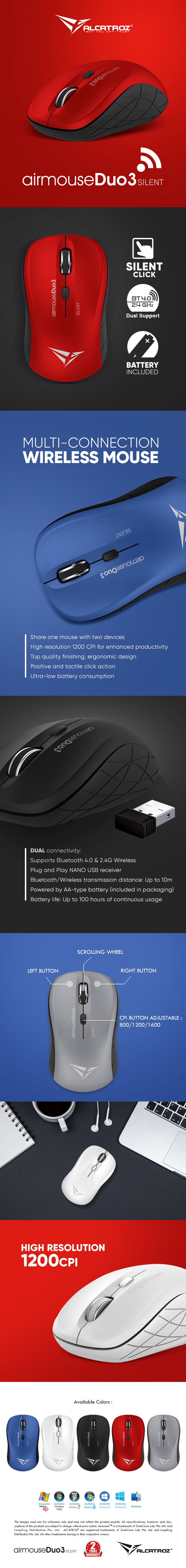 ALCATROZ AIRMOUSE DUO 3 BLUETOOTH + 2.4G SILENT CLICK WIRELESS MOUSE ...